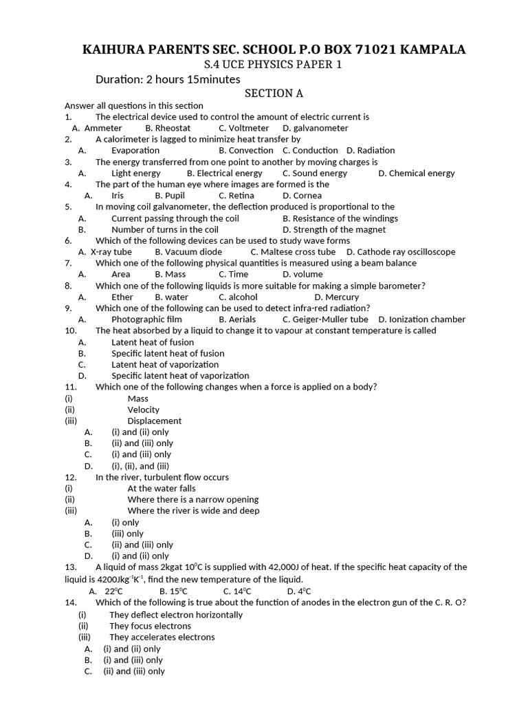 s.4 Uce Physics Test 1 2022 | PDF | Heat Transfer | Transformer