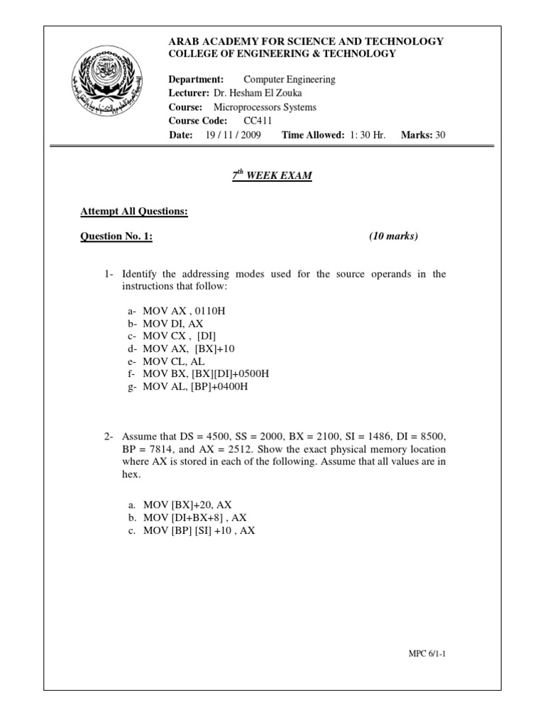 Microprocessors Systems Exam Questions | PDF | Instruction Set | Central Processing Unit
