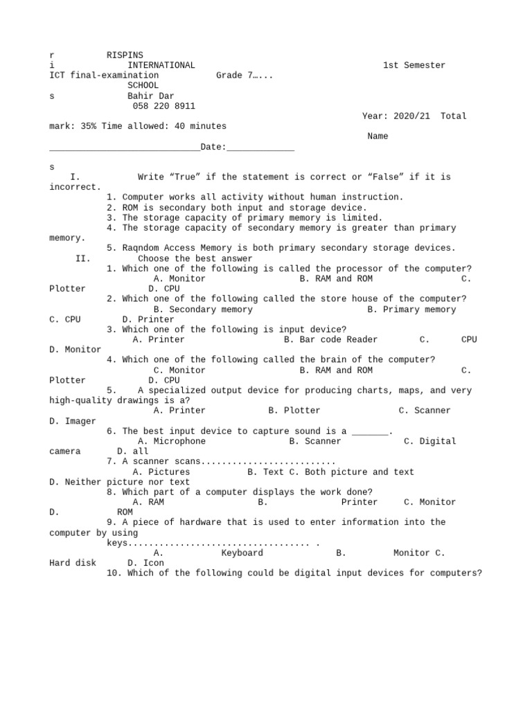 ICT Final Exam For Grade 7 | PDF | Computer Data Storage | Input/Output