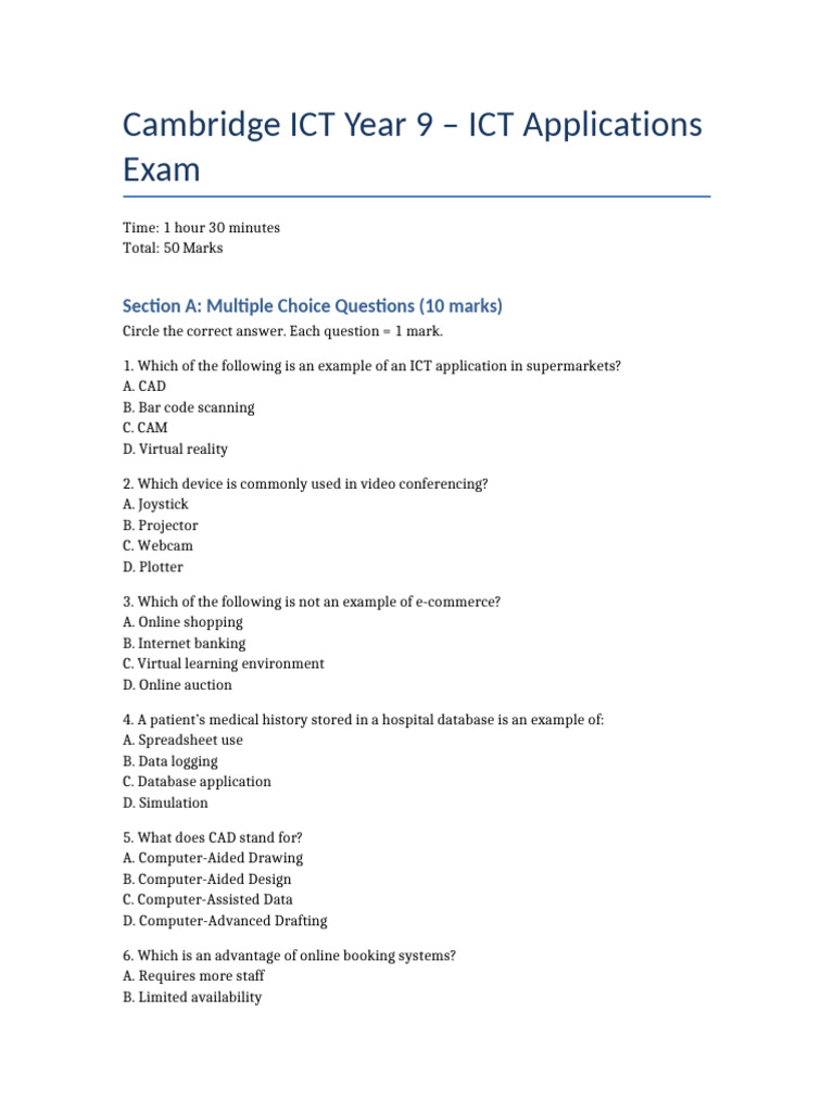 Cambridge ICT Year9 Exam | PDF | Educational Technology | Computer ...
