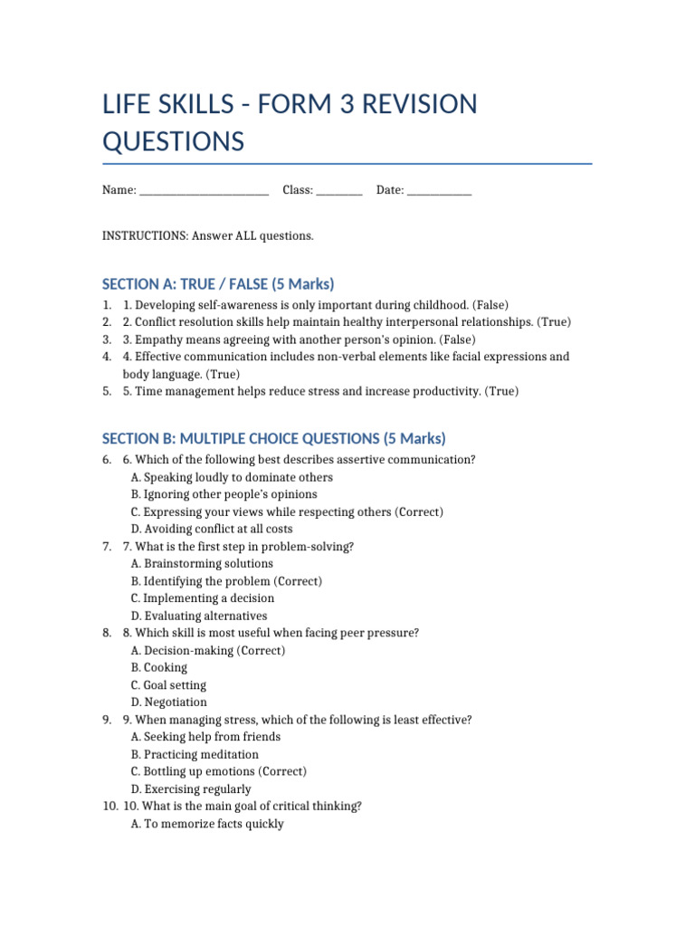 Life Skills Form 3 Questions With Answers | PDF | Communication | Goal ...