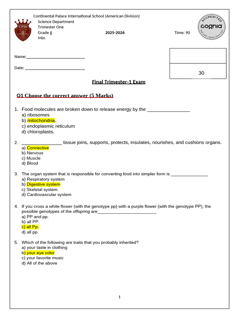 AK G6 T1 Final assessment (1) | PDF | Cell (Biology) | Organelle