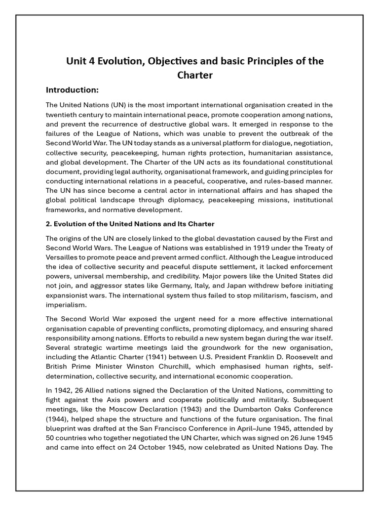 Unit 4 Evolution, Objectives and Basic Principles of The Charter | PDF ...