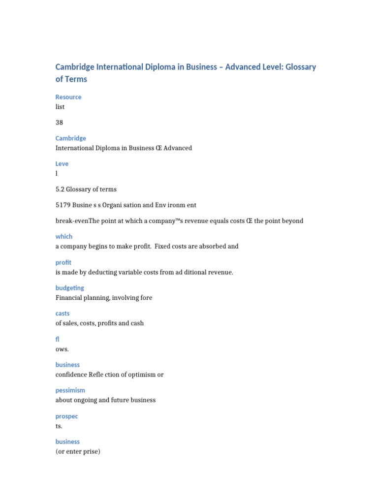 Business Terms Glossary for Cambridge Diploma | PDF | Employment ...