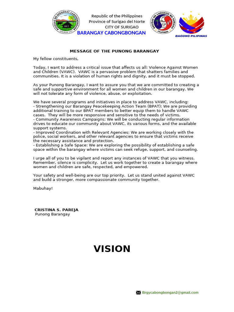 Message of The Pun. Vawc. Mission Vision Table of Contents | PDF ...