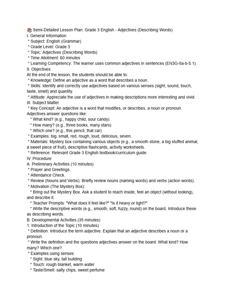 ? Semi-Detailed Lesson Plan - Grade 3 English - Adjectives (Describing ...