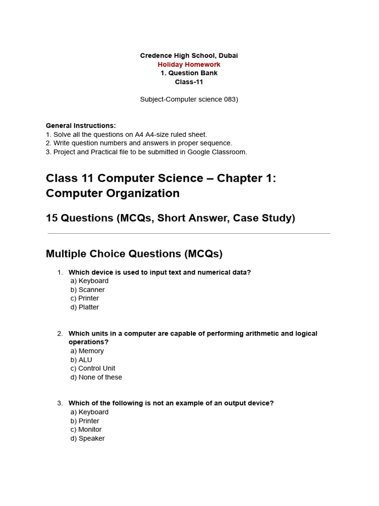 Class 11 Computer Science Holiday Homework | PDF | Computer Data ...