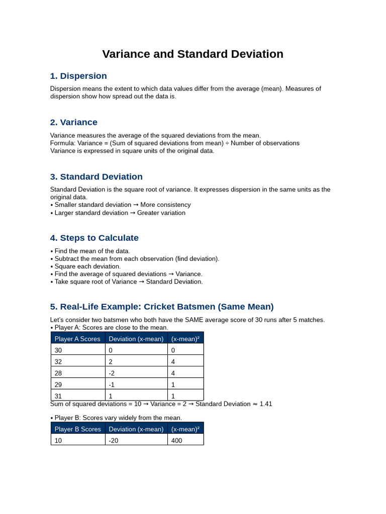 Variance Standard Deviation Notes | PDF