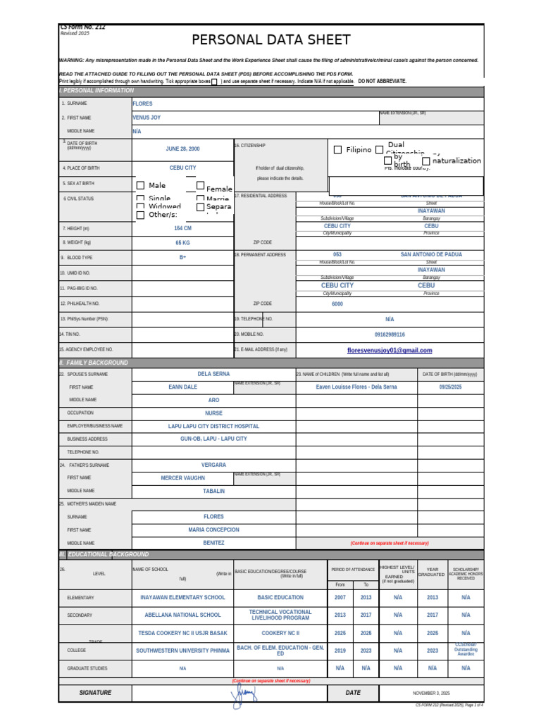 ANNEX H-1 - CS Form No. 212 Revised 2025 - Personal Data Sheet | PDF ...