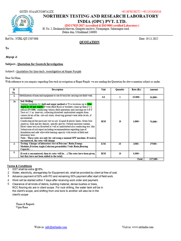 Quotation for Geo-Tech Investigation | PDF | Mechanical Engineering ...
