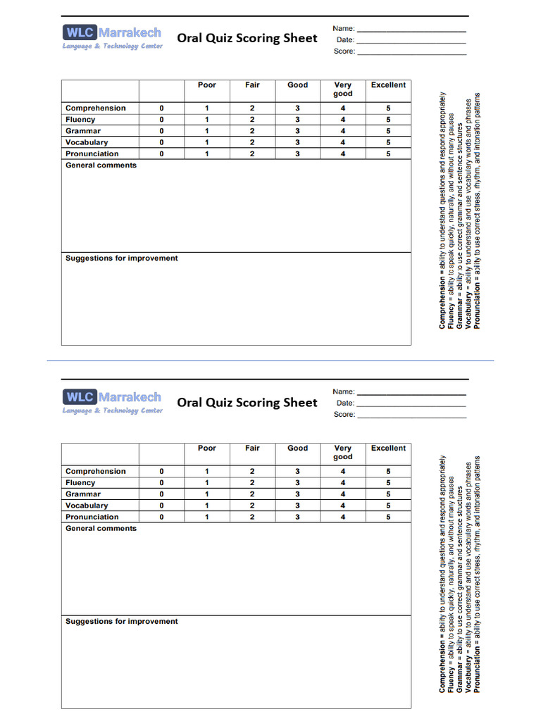 Oral Quiz Scoring Sheet | PDF