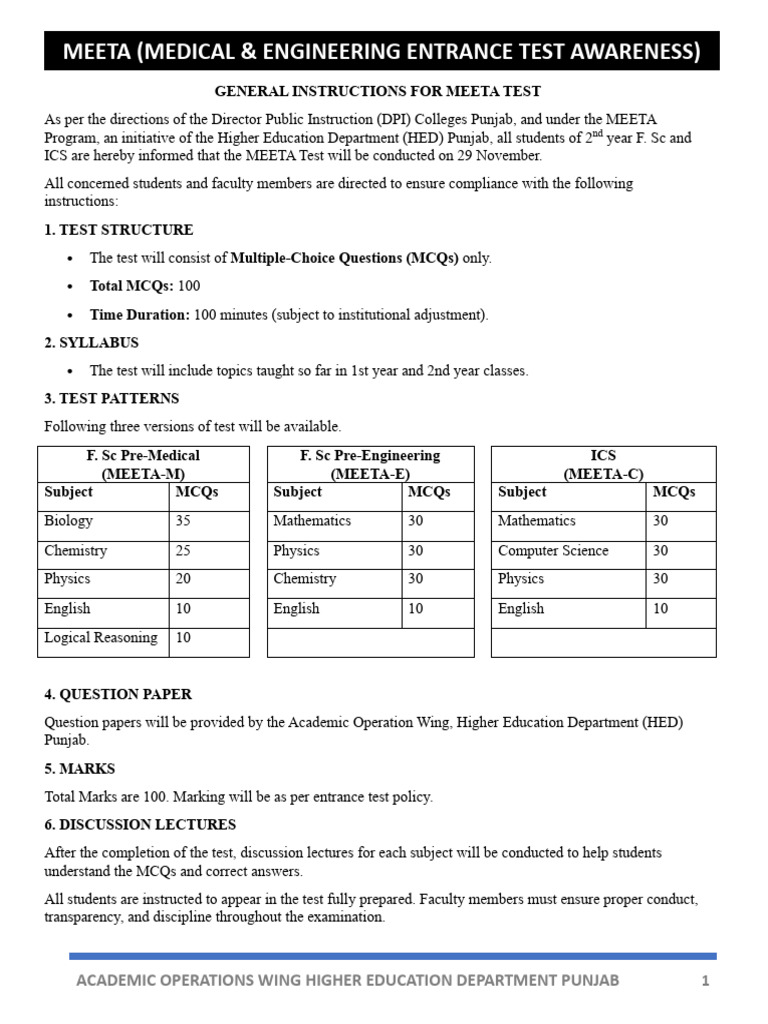 Instructions Regarding MEETA Test | PDF