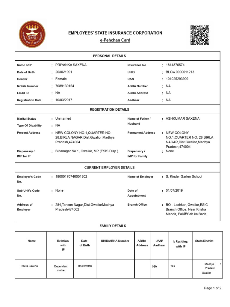 Employees' State Insurance Corporation E-Pehchan Card: Personal Details ...