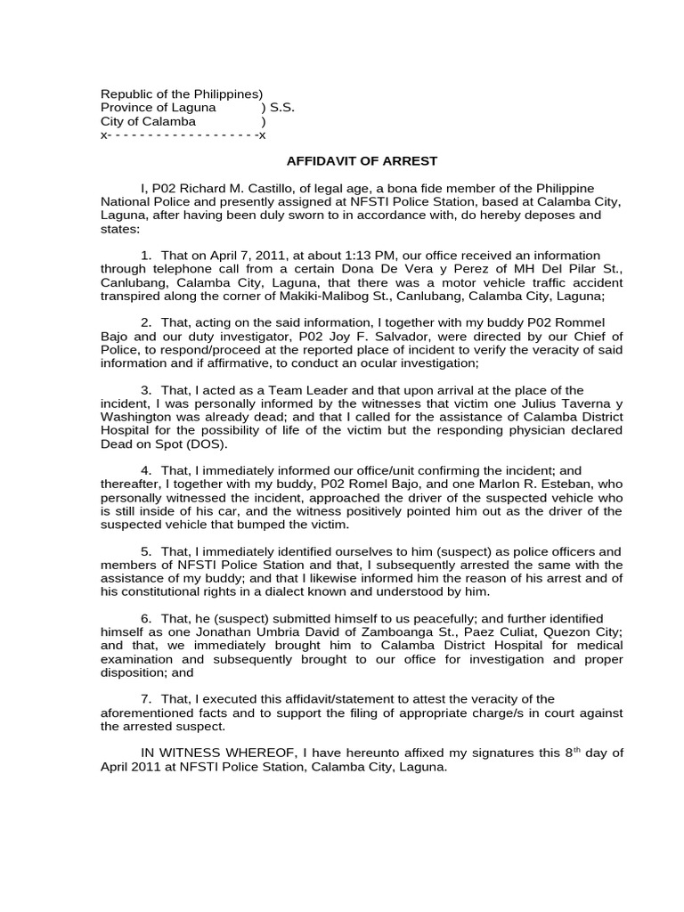 Affidavit of Arrest in Calamba City | PDF | Affidavit | Civil Law ...
