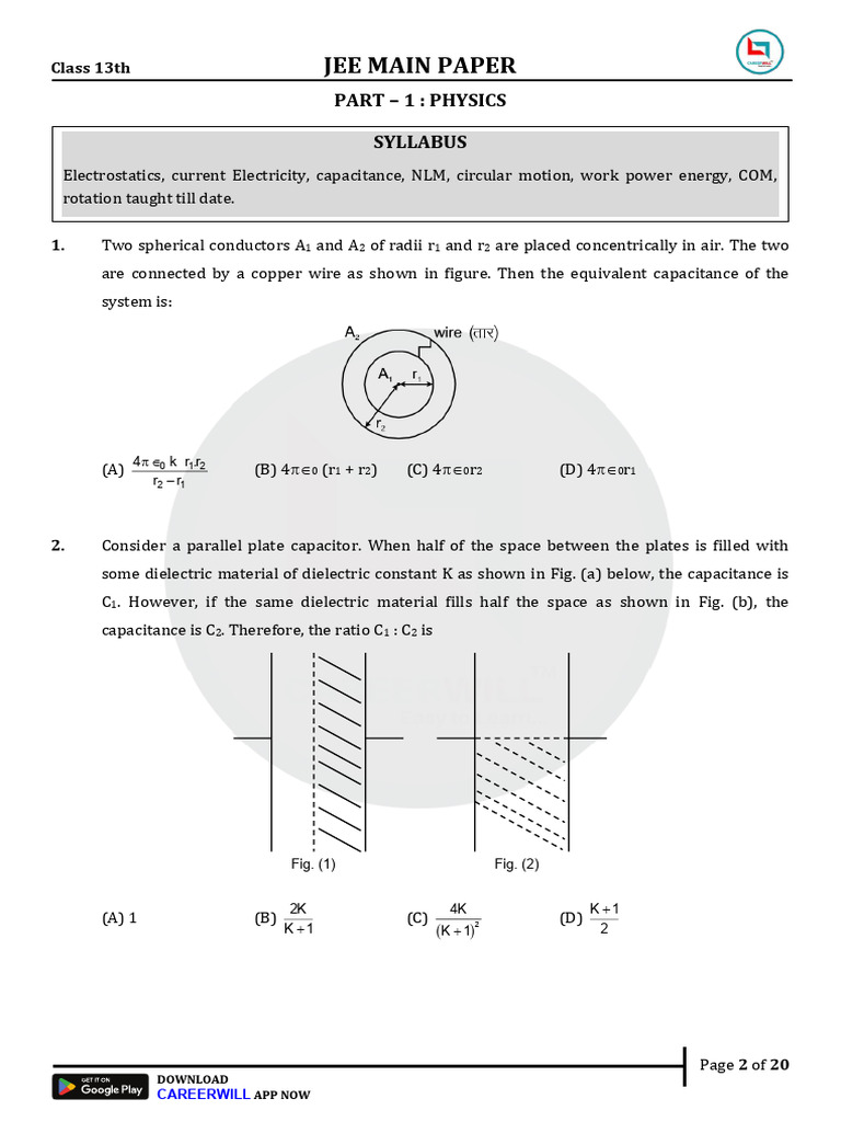 JEE Main Physics Practice Questions | PDF | Capacitance | Capacitor