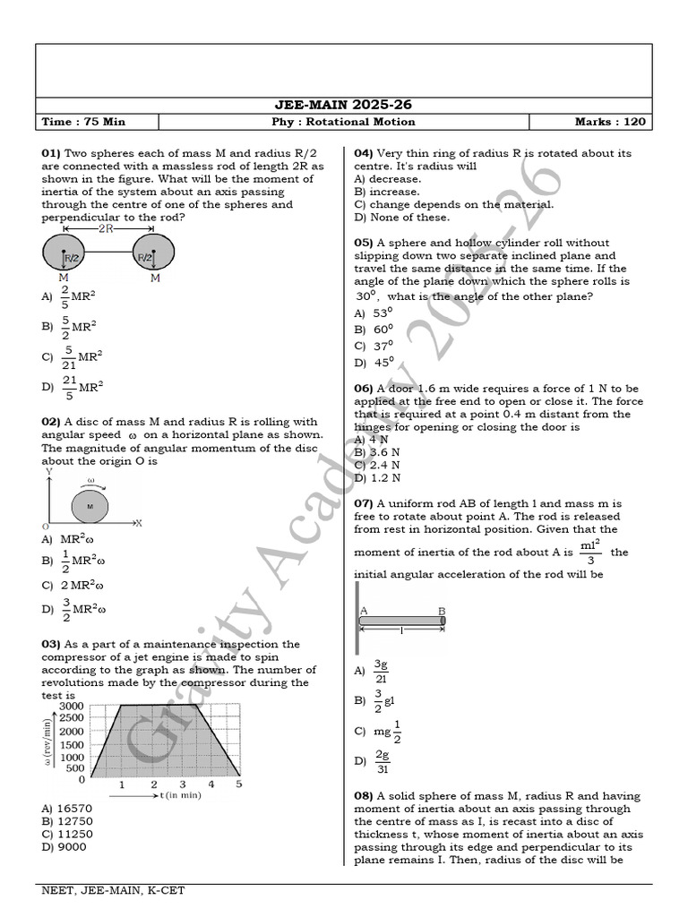 11th JEE Main Rotational Motion Paper | PDF | Rotation Around A Fixed ...