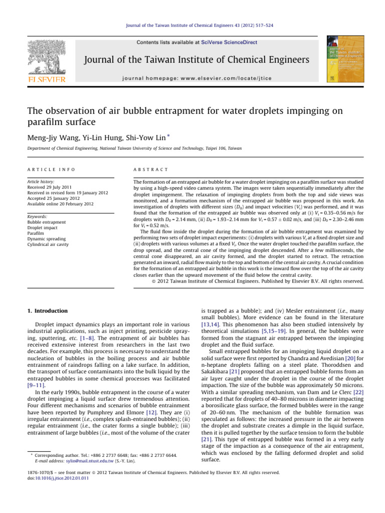The Observation of Air Bubble Entrapment For 2012 Journal of The Taiwan ...