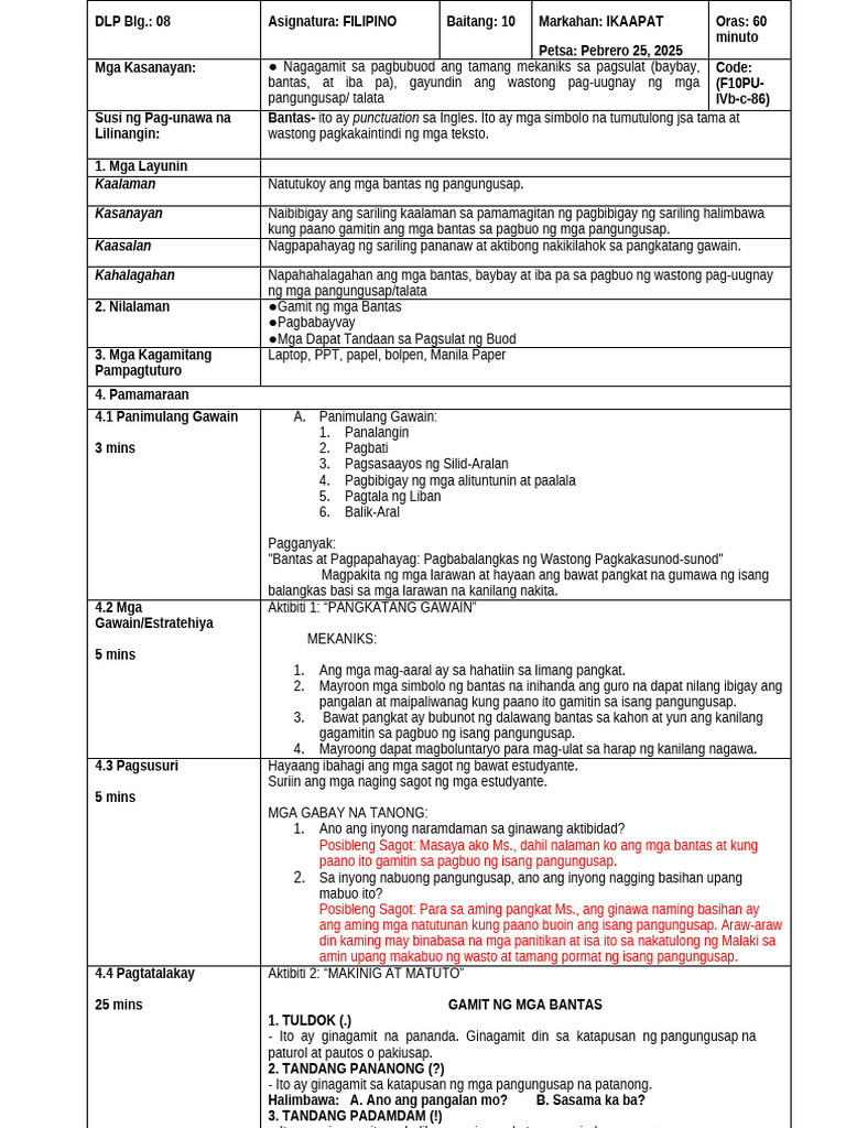 DLP Filipino 4th Quarter Week 3 Tuesday | PDF
