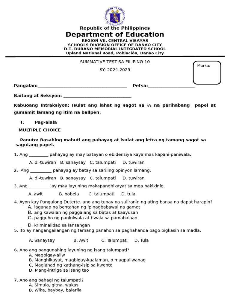 Summative Test in Filipino 10 | PDF