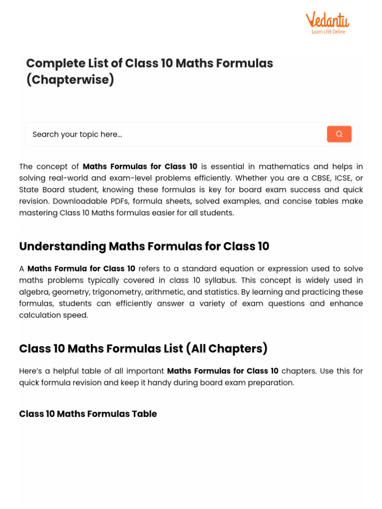 Complete List of Class 10 Maths Formulas (Chapterwise) | PDF