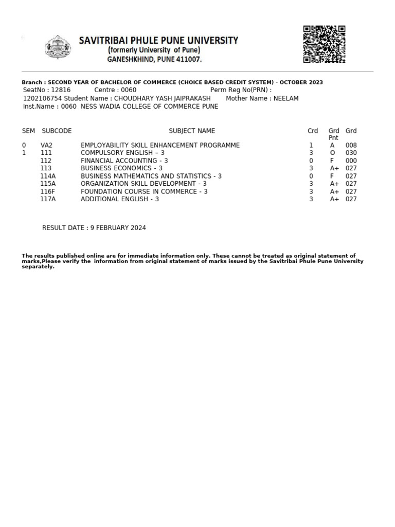 Savitribai Phule Pune University, Online Result | PDF