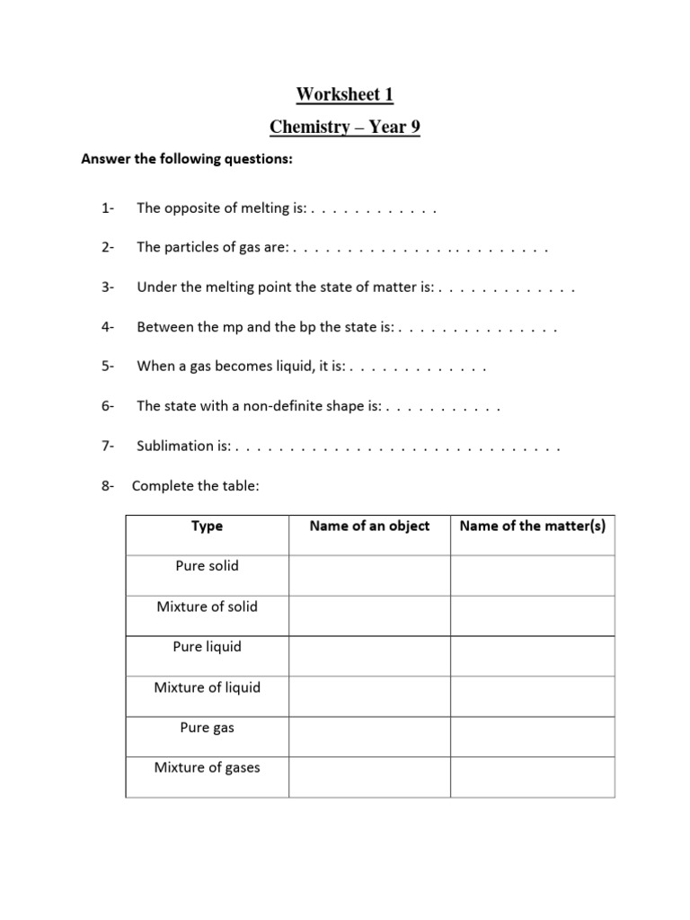 Year 9 Chemistry States of Matter Worksheet | PDF