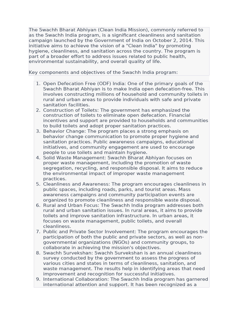 Swachh Bharat Abhiyan: Clean India Mission | PDF | Sanitation | Economy ...