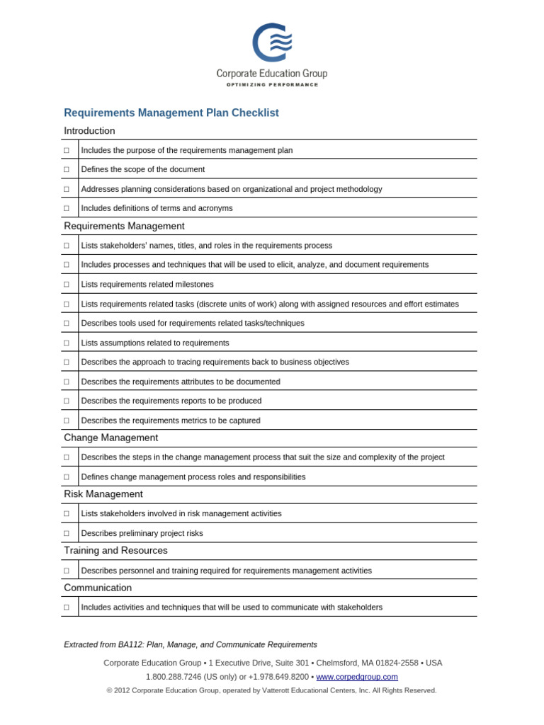 Requirements Management Plan Checklist | PDF