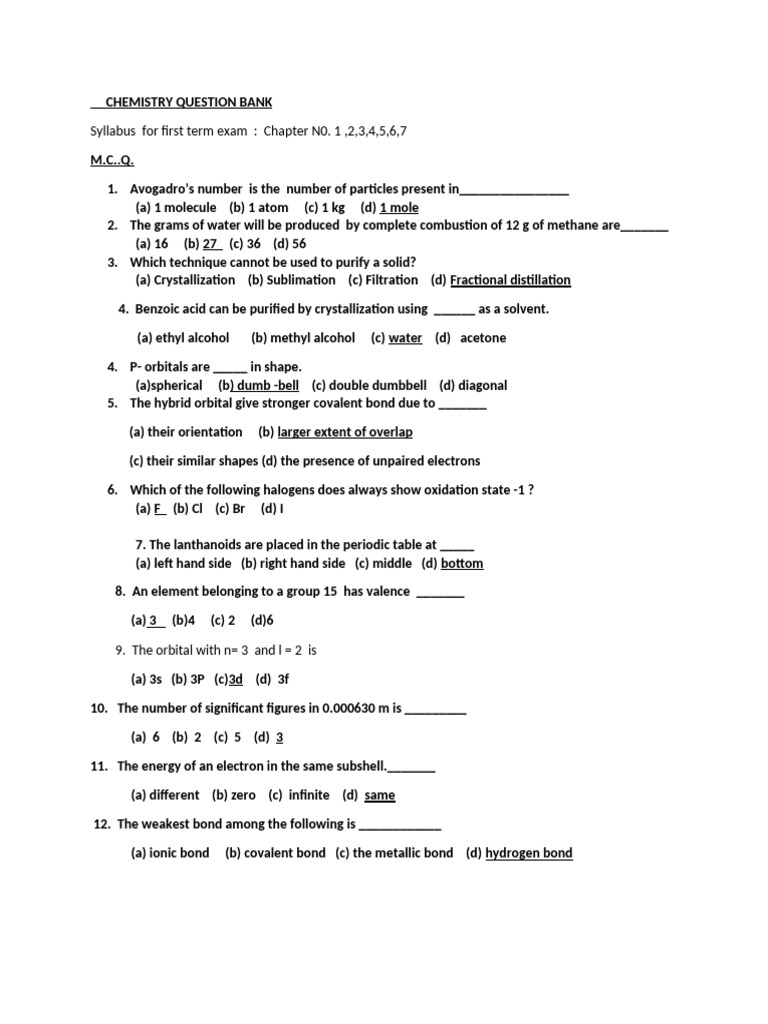 Chemistry Question Bank for First Term Exam | PDF | Chemical Bond ...