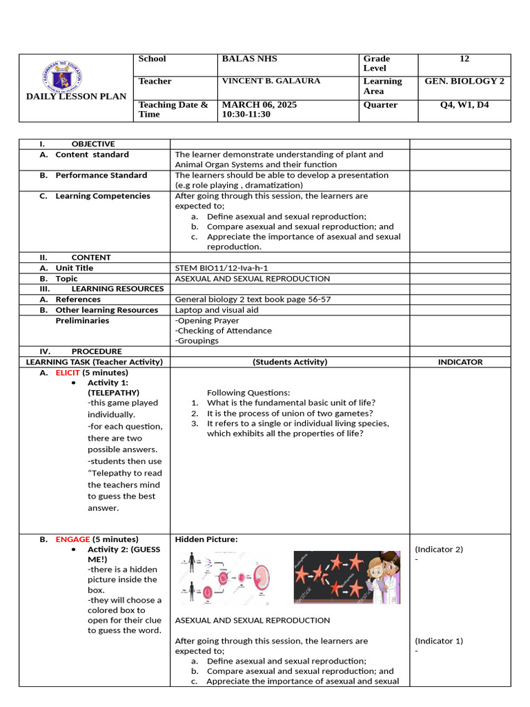 Daily Lesson Plan: Reproduction in Biology | PDF | Sexual Reproduction ...