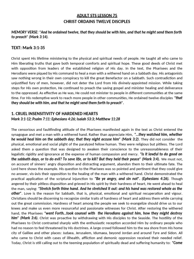 ADULT STS LESSON 75 - CHRIST ORDAINS TWELVE DISCIPLINES | PDF | Jesus | Disciple (Christianity)