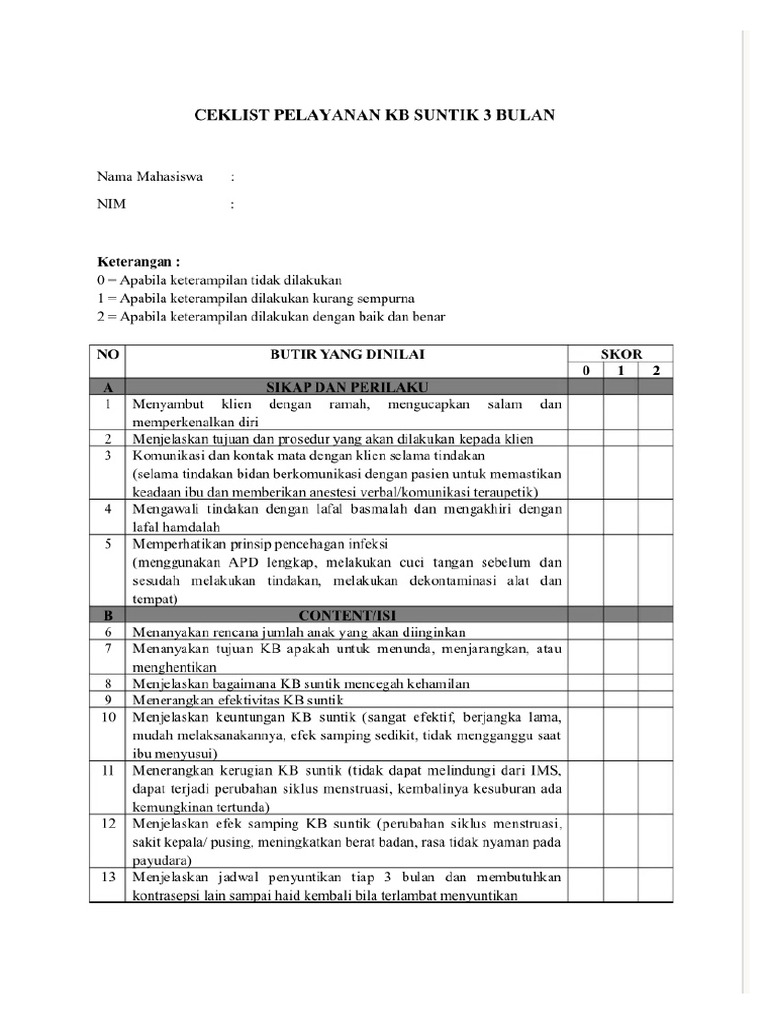 Cek List KB Suntik 3 Bulan | PDF