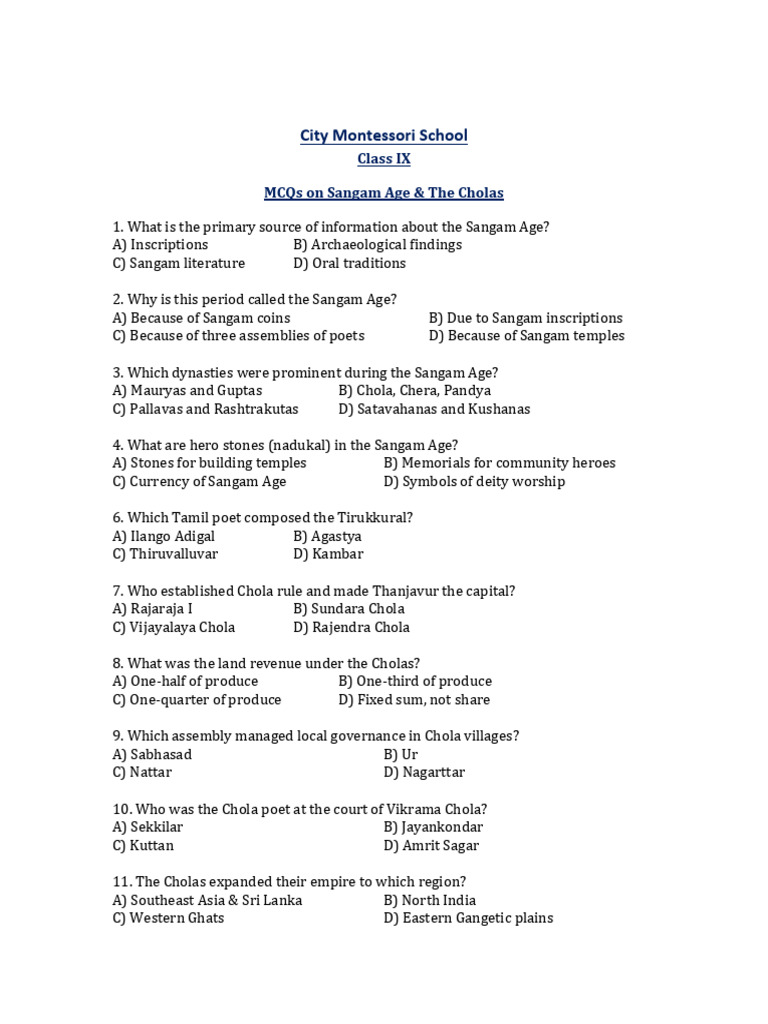 MCQs SangamAge Cholas Class9 | PDF | Tamils | South India