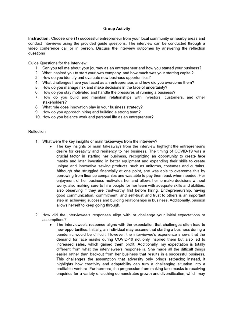 Entrepreneur Interview Insights and Reflections | PDF ...
