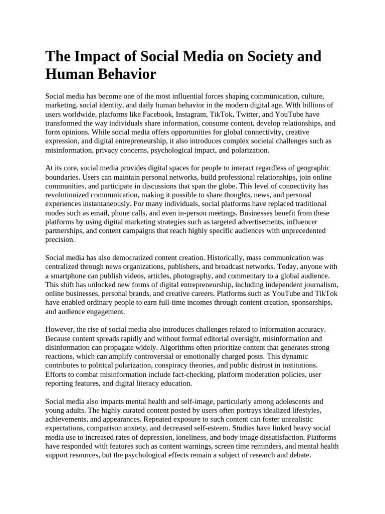 The Impact of Social Media On Society and Human Behavior | PDF | Social ...