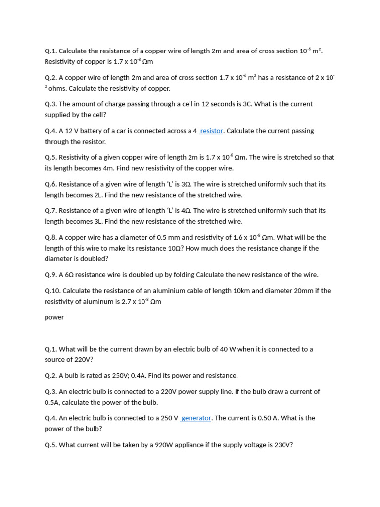 Numericals Electricity Single Formula | PDF | Resistor | Electric Current