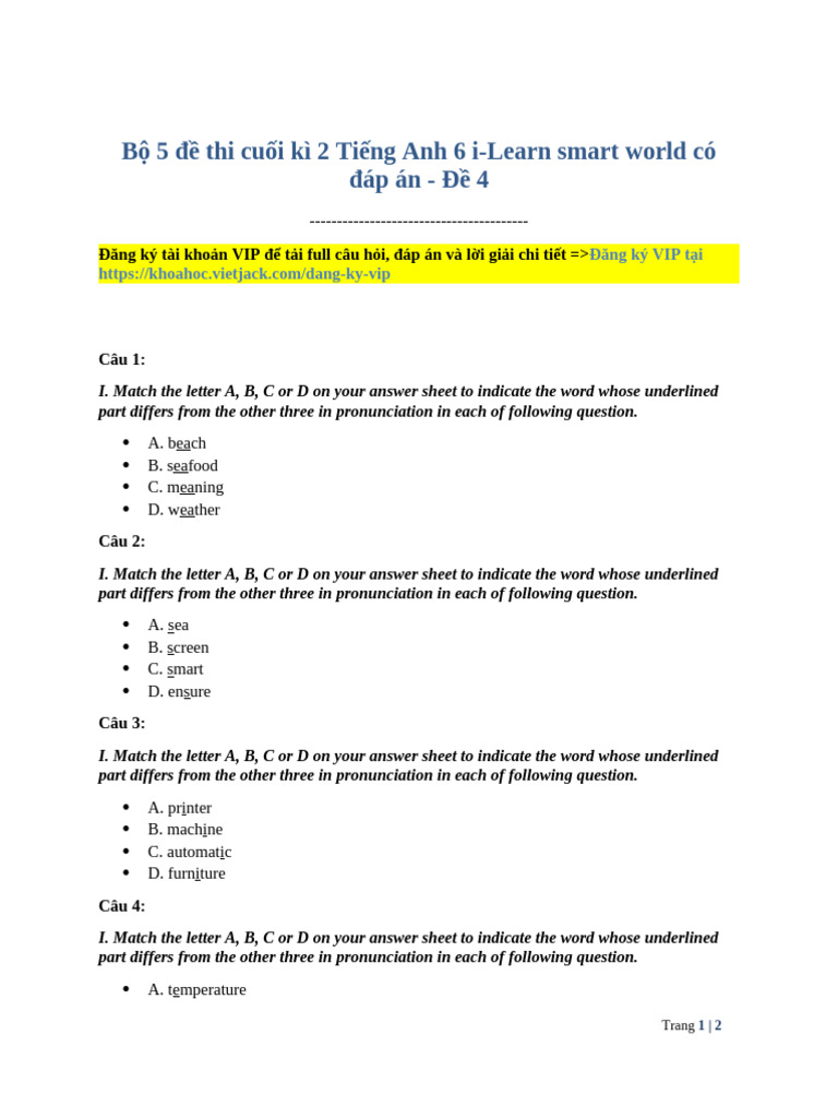 Bo 5 de Thi Cuoi Ki 2 Tieng Anh 6 i Learn Smart World Co Dap an de 4 2025-11-22 | PDF
