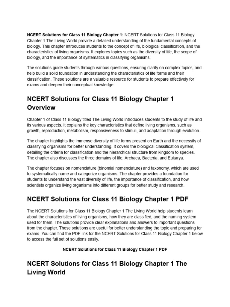 NCERT Solutions For Class 11 Biology Chapter 1 | PDF | Taxonomy ...
