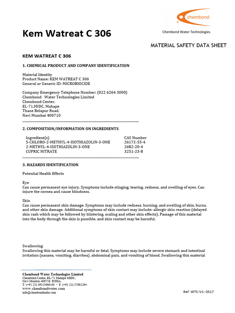 Msds Kem Watreat c 306 Msds | PDF | Firefighting | Fires