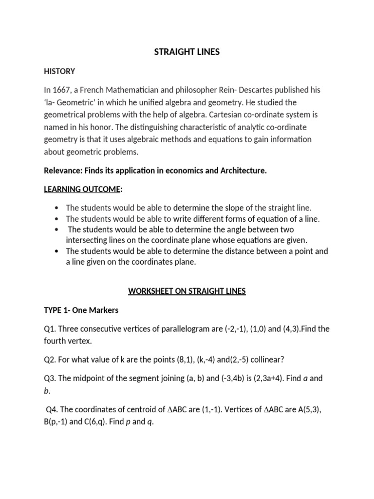 Worksheet - Straight Lines | PDF | Line (Geometry) | Geometry