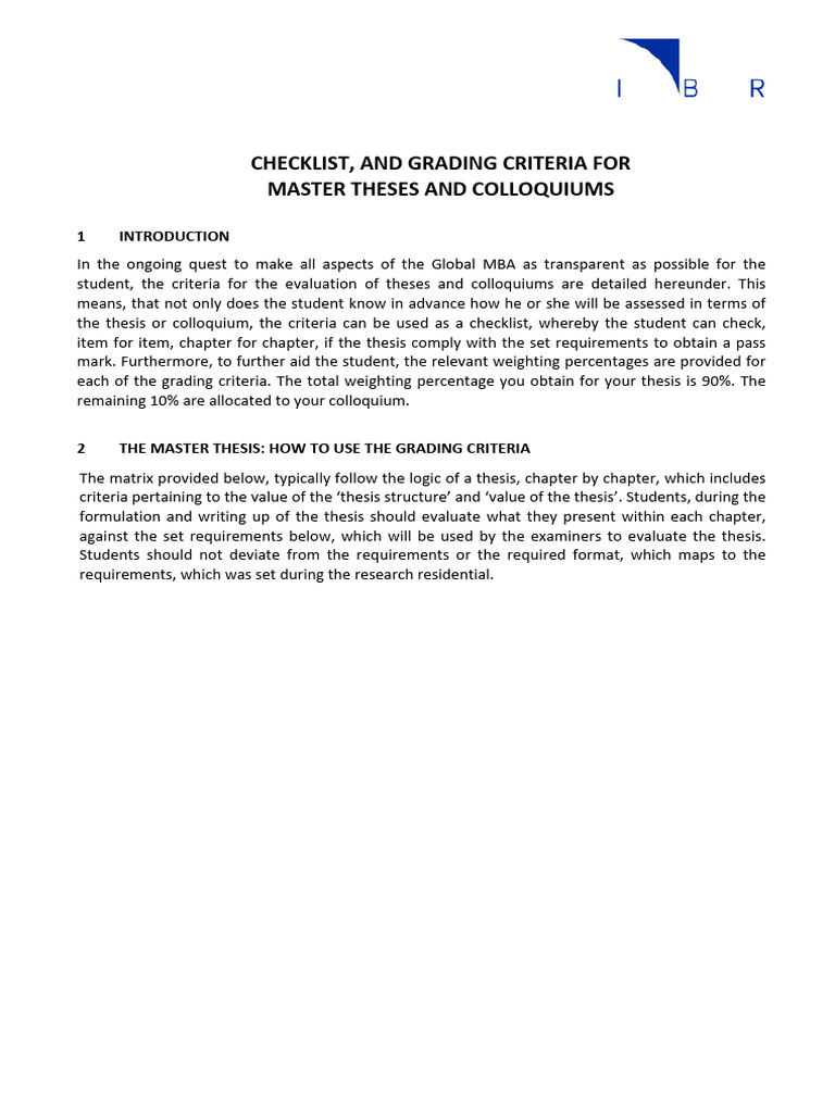 Master Thesis Grading Criteria Checklist | PDF | Methodology | Thesis