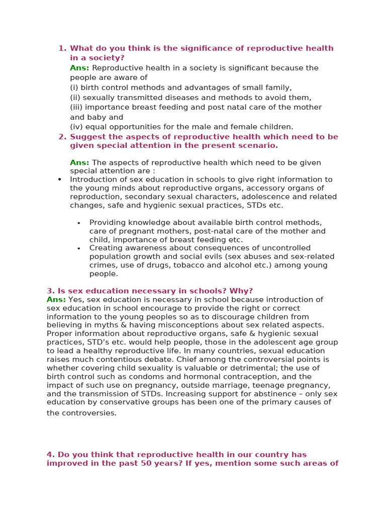 Reproductive Health - Q and A | PDF | Sex Education | Birth Control