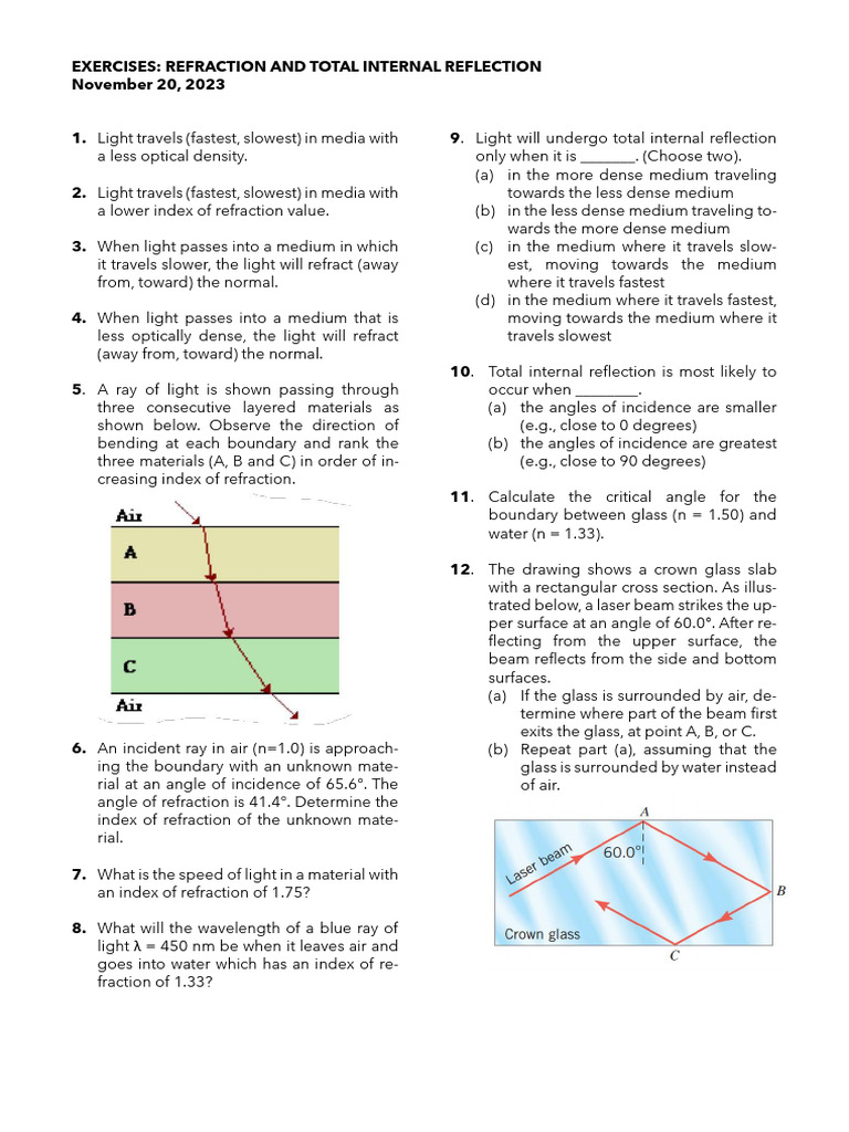 Exercises Refraction TIR | PDF | Refraction | Scientific Phenomena