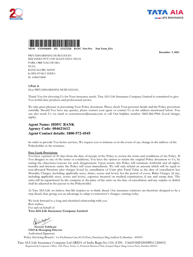 Tata AIA Life Insurance Policy Document | PDF | Insurance | Life Insurance