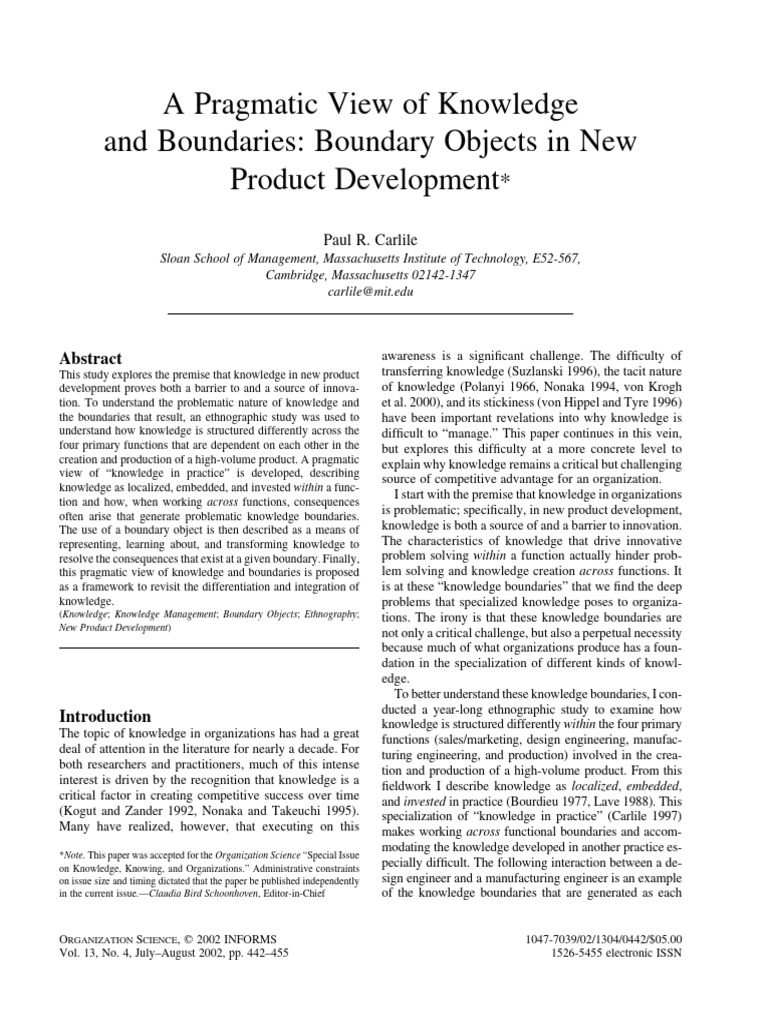 A Pragmatic View of Knowledge and Boundaries Boundary Objects in New Product Development | PDF ...