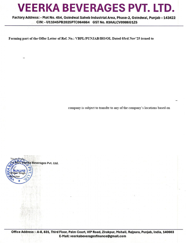 Offer Letter - Manpreet Singh | PDF