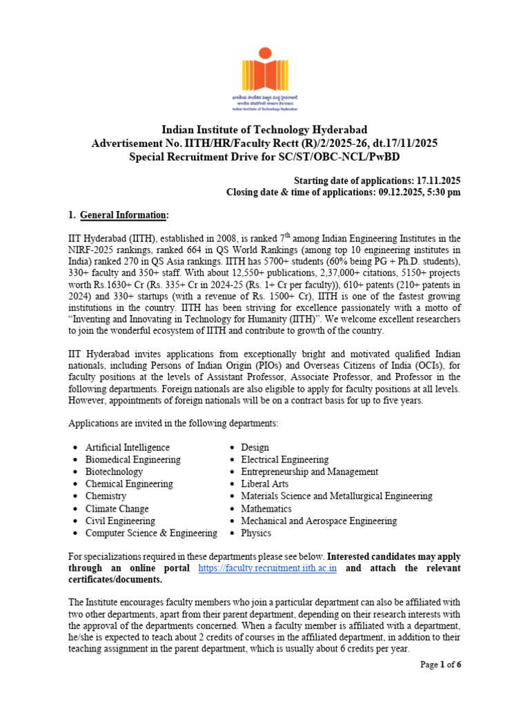 Faculty Recruitment at IIT Hyderabad 2025 | PDF | Physics | Engineering