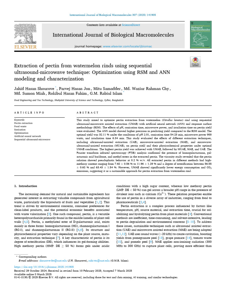 Extraction of Pectin From Watermelon Rinds Using Sequential Ultrasound-microwave Technique ...