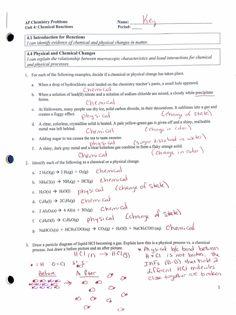 AP Chem Unit 4 Problems 4.1, 4.4, 4.3 Key | PDF