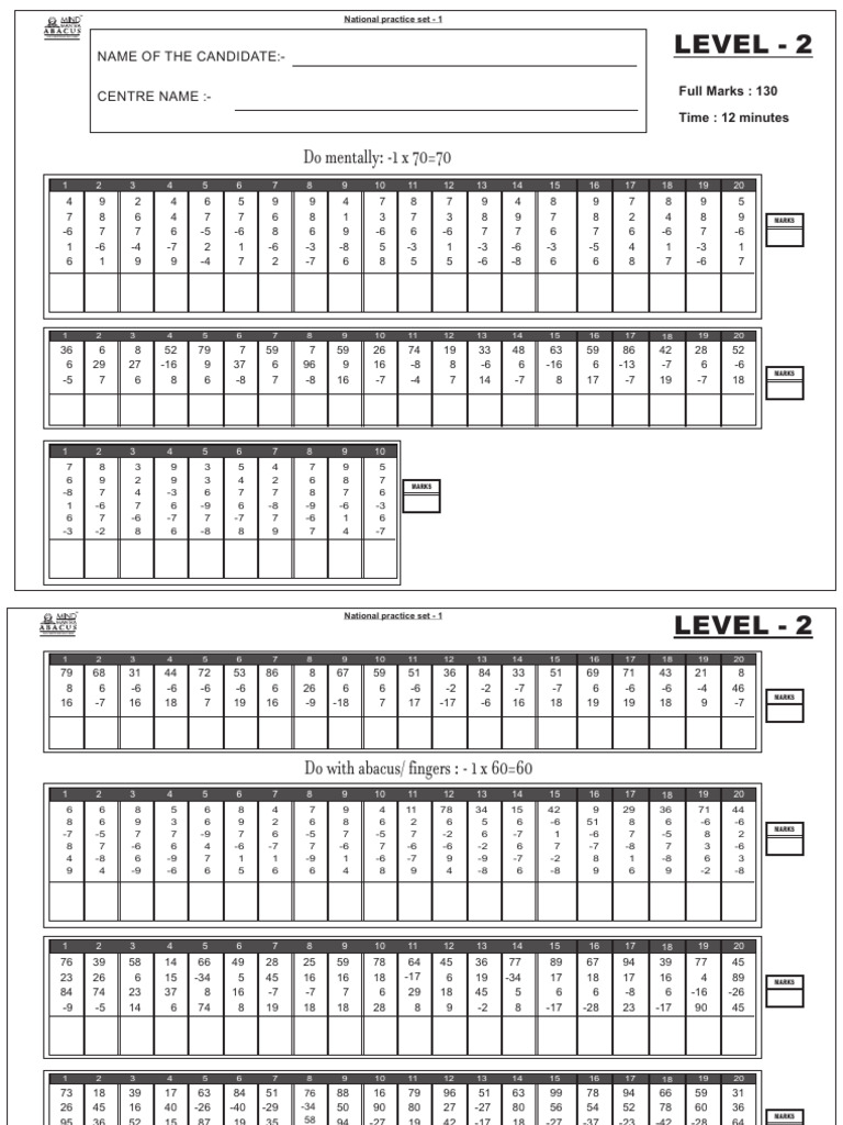 National Level Abacus Practice Set | PDF